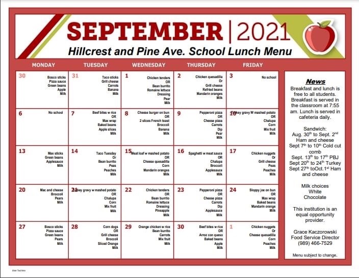 September Lunch Menu Pine Avenue Elementary School September Lunch Menu Pine Avenue Elementary School